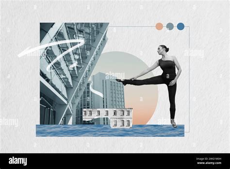 Collage Image Of Black White Effect Flexible Ballerina Girl Stretch Leg