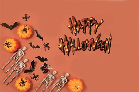 행복한 할로윈 개념 축하와 배경 호박 거미와 박쥐 상단보기 인사말 카드 또는 배너 감사에 대한 스톡 사진 및 기타 이미지 감사 개념 거미 Istock