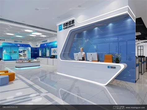 现代公司前台接待台展示区3d模型效果图 花瓣网