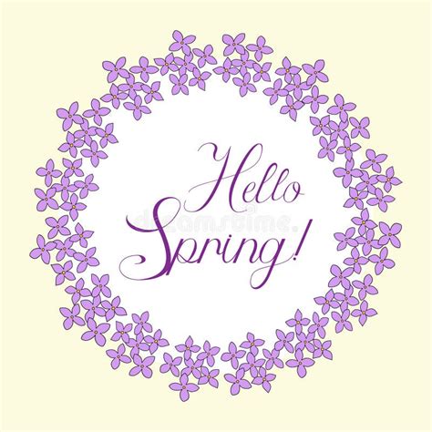 Round Frame With Lilac Flowers And Hello Spring Phrase Spring Design