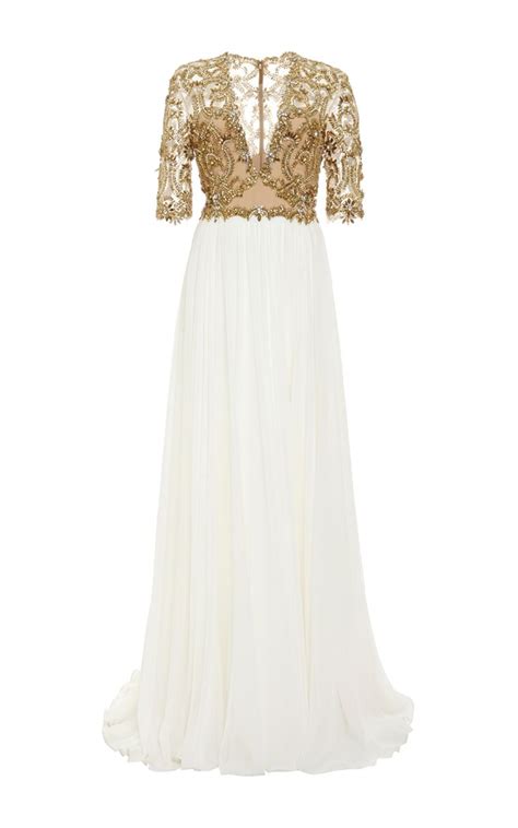 Embroidered Illusion V Neck Gown By Reem Acra Moda Operandi