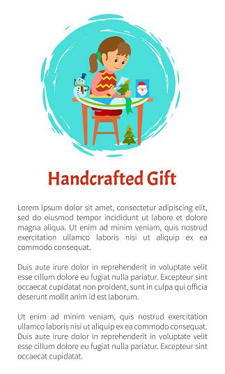 สาวของขวัญงานฝีมือนั่งอยู่ที่โต๊ะและตัด ภาพประกอบสต็อก ดาวน์โหลดรูปภาพตอนนี้ Sample Text