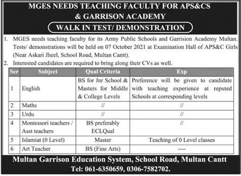 Multan Garrison Education System Jobs 2021 2024 Job Advertisement Pakistan
