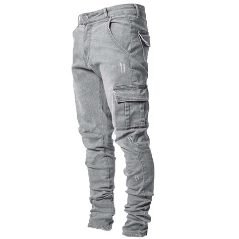 Ylsdy Mens Ripped Denim Cargo Pants Slim Fit Streetwear Long Trousers