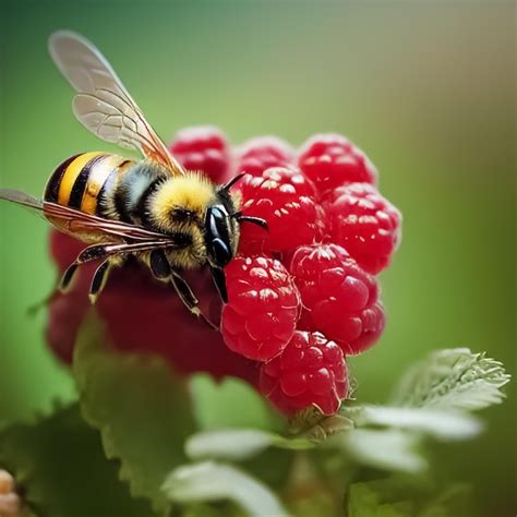 Premium Ai Image A Bee On A Raspberry With A Green Background
