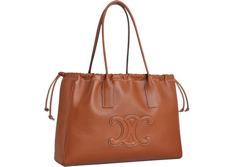 Celine Cabas Drawstring Triomphe Embroidery Tan In Smooth Calfskin Leather With Gold Tone Gb