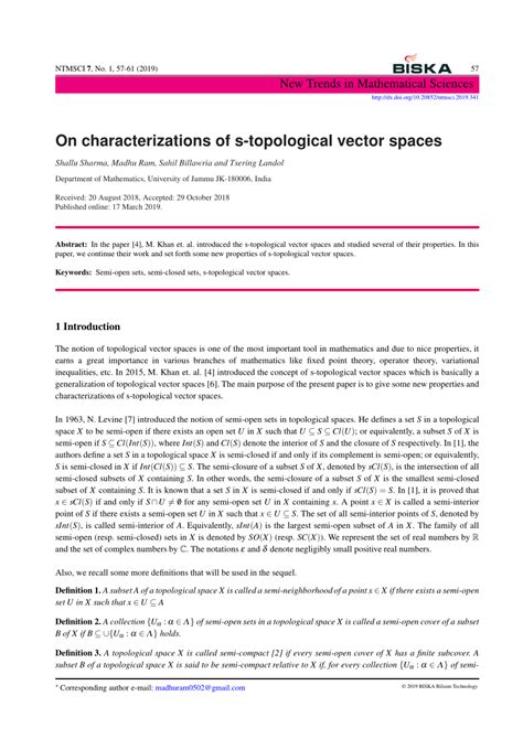 Pdf On Characterizations Of S Topological Vector Spaces