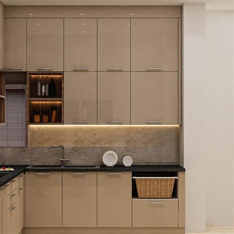 Spacious Kitchen Design With Metallic Beige Cabinets Livspace