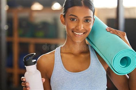 Mat Portrait Or Happy Woman With Bottle In Gym Ready For Training