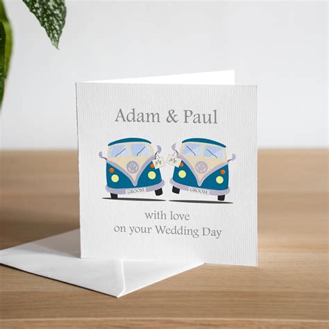 Personalised Same Sex Wedding Day Card Blue Campervan Wedding Card