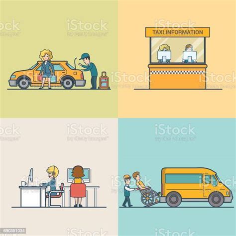 평면 현대 택시 정보와 전화 센터 수하물 서비스 장애 벡터 일러스트 레이 션 세트를 가진 사람들에 대 한 여자 도시 여객 수송 개념입니다 건강관리와 의술에 대한 스톡 벡터