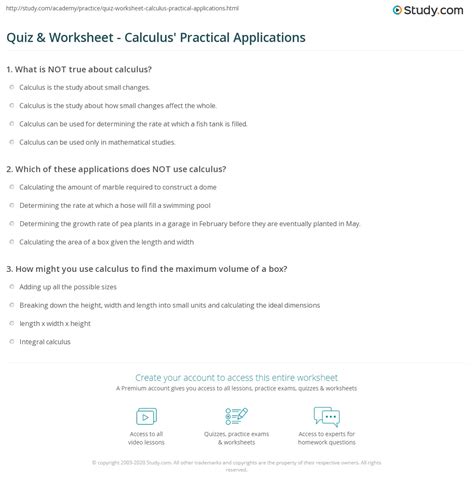 Quiz And Worksheet Calculus Practical Applications