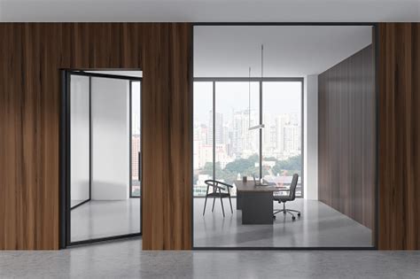 유리 문 뒤에 안락 의자가있는 가벼운 사무실 내부 책상 파노라마 창 0명에 대한 스톡 사진 및 기타 이미지 0명 3차원 형태 가구 Istock