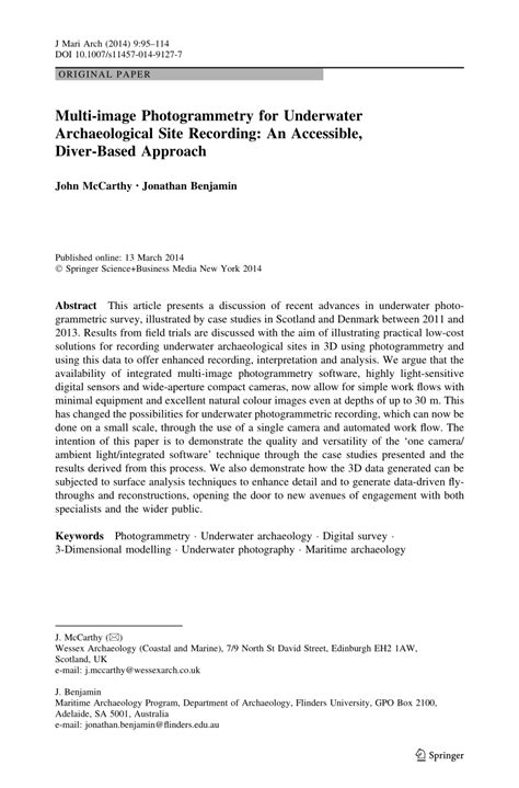 Pdf Multi Image Photogrammetry For Underwater Archaeological Site Recording An Accessible