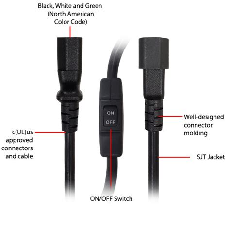 Iec C13 To Iec C14 Power Cable With Inline On Off Switch Sjt Jacket