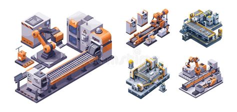 Conveyor Production Line Isometric Set Automated Manufacturing Heavy