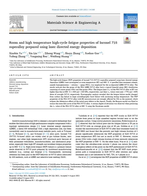 Room And High Temperature High Cycle Fatigue Properties Of Inconel 718 Superalloy Prepared Using