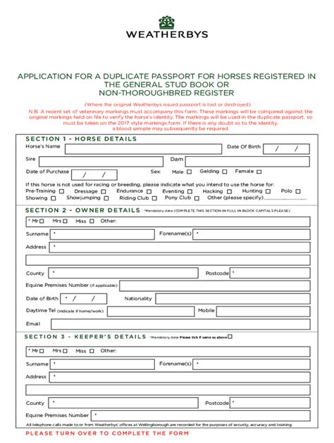 Fillable Online Application For A Duplicate Passport For Horses