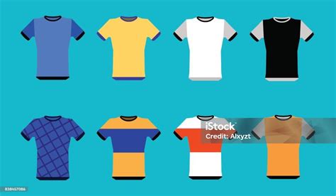 유니폼 세트의 종류입니다 주요 유니폼의 간단한 아이콘입니다 노란색 빨간색 파란색 흰색 Pullovers 파란색 배경에 고립 평면 디자인 벡터 Soccer Tournament