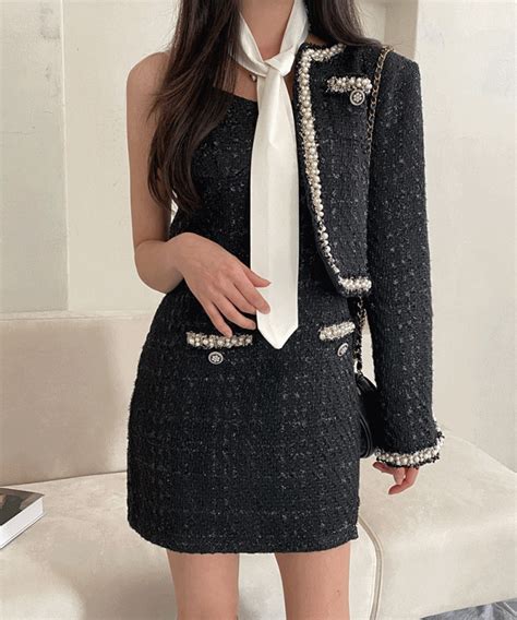 고퀄 타이포함 크롭 잔주장식 트위드 자켓 트위드 미니원피스 투피스 세트 셋업 에이블리