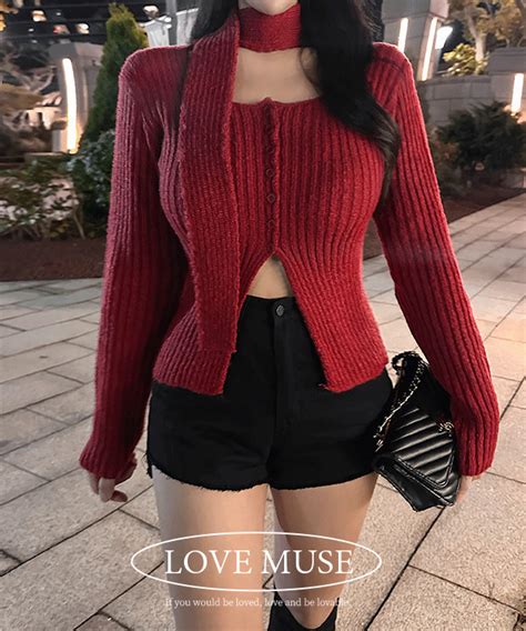 럽뮤즈 [🌹2set 몸매완성ෆ] 레밀 머플러 니트 가디건 Cd