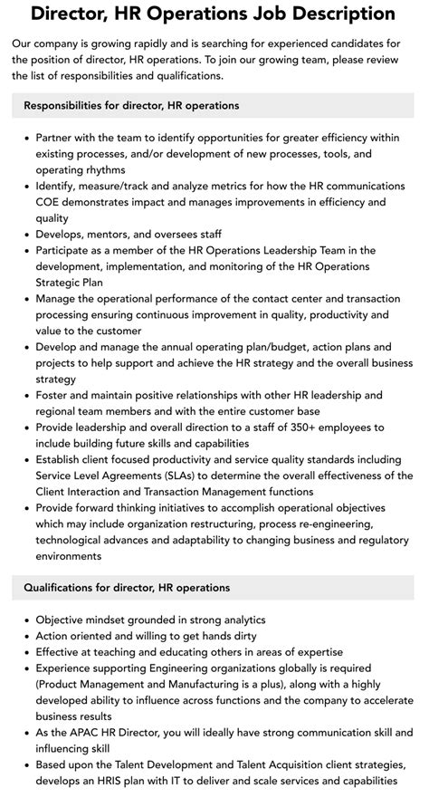 Director HR Operations Job Description Velvet Jobs