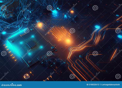 Close Up Circuit Board With Glowing Lights Computer Technology Stock