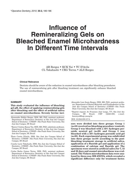 Pdf Influence Of Remineralizing Gels On Bleached Enamel Microhardness In Different Time Intervals