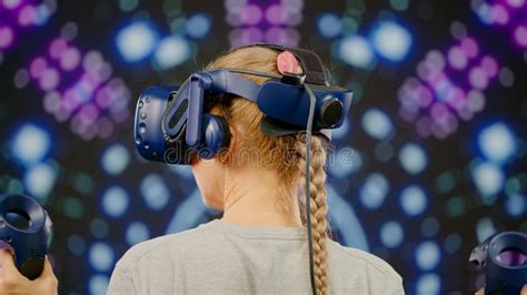 The Woman In Modern Virtual Reality Paint And Fly The Back View Woman