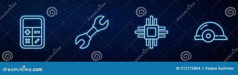 Set Line Processor With Microcircuits Cpu Calculator Wrench Spanner And Worker Safety Helmet