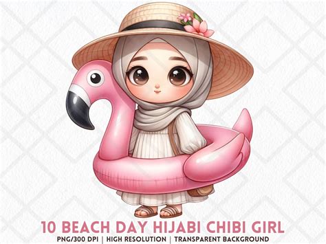 Cute Hijabi Chibi Girl Clipart Beach Day Muslim Islam Muslimah Png