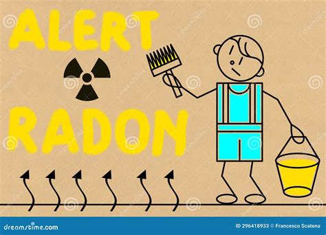 Cartoon Man With A Brush Drawing The Text Alert Radon On The Wall Stock