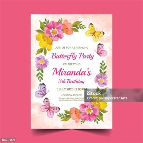 손으로 그린 수채화 나비 생일 초대 템플릿 벡터 디자인 일러스트 0명에 대한 스톡 벡터 아트 및 기타 이미지 0명 3차원 형태 공휴일 Istock