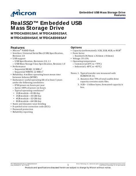 PDF Embedded USB Mass Storage Drive Data Sheet Sheets Micron Technology Inc Microns RealSSD