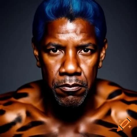 Muscular Figure With Tiger Style Makeup Blue Hair And Orange Skin With Black Stripes On Craiyon