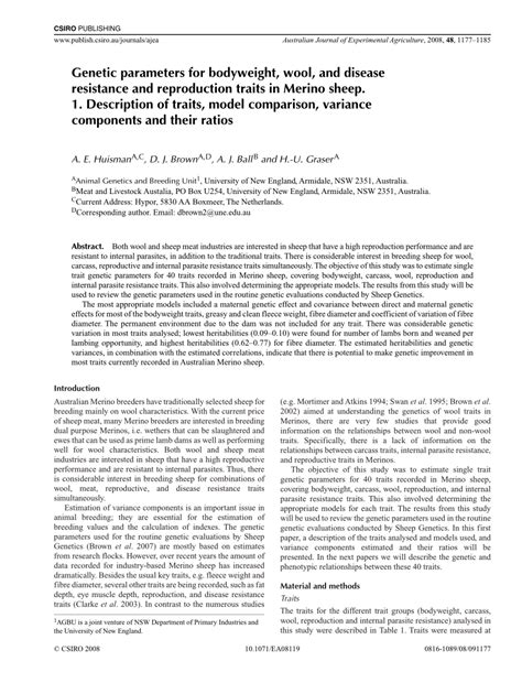 Pdf Genetic Parameters For Bodyweight Wool And Disease Resistance And Reproduction Traits In