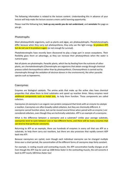 Metabolism Pre Lecture Notes The Following Information Is Related To The Lecture Content