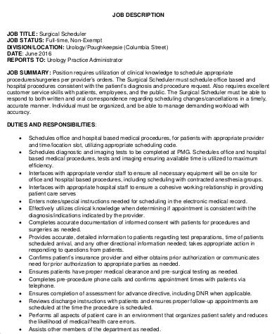 Free Surgery Scheduler Job Description Samples In Ms Word Pdf