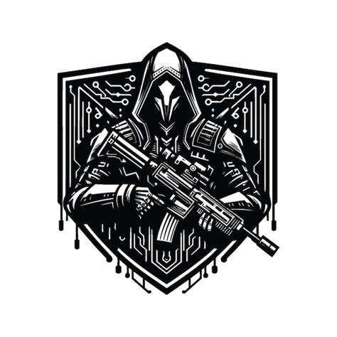 Assasin Silhouete With Cyberpunk Pattern Illustration Premium Ai