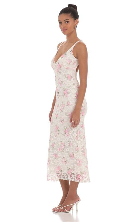 Lace Floral V Neck Maxi Dress In White Lucy In The Sky