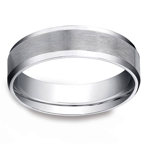 Mens 10k White Gold 6mm Plain Wedding Band With Satin Center And