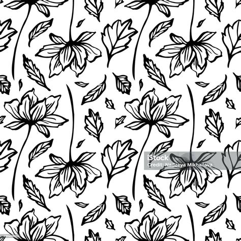 꽃과 잎을 포함한 손으로 그린 식물 요소가 있는 우아한 흑백 이음매 없는 패턴으로 인쇄물 직물 벽지 포장 및 표지를 위한 선형 벡터 아트로 디자인되었습니다 검은색에 대한
