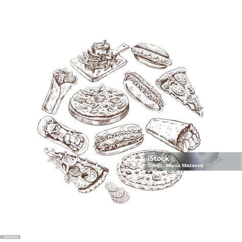 길거리 음식 테이크아웃 음식 패스트 푸드 정크 푸드의 손으로 그린 흑백 스케치 햄버거 칩 피자 핫도그 부리 토 타코 세트 메뉴에 좋습니다 닭고기에 대한 스톡 벡터 아트 및