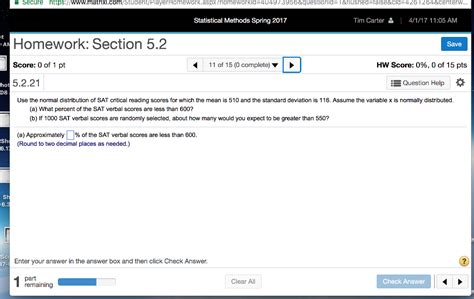 Solved Use The Normal Distribution Of Sat Critical Reading