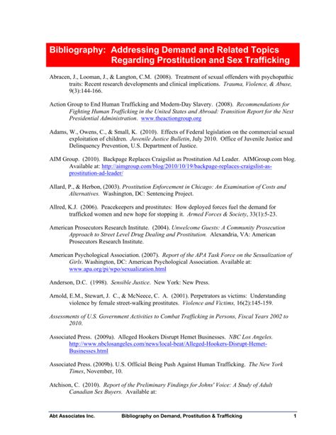 Prostitution And Trafficking Addressing Demand Bibliography