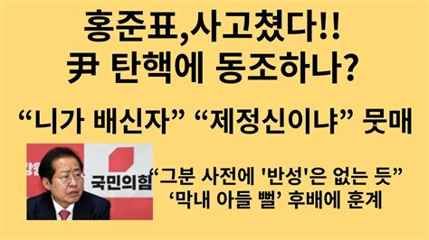 홍준표尹 탄핵에 동조하나 니가 배신자” 제정신이냐” 뭇매 새까만 후배도 당 분열 획책” 비판 그분 사전에 반성은