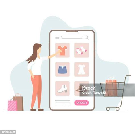 휴대 전화 웹 응용 프로그램 벡터 플랫 현대 일러스트레이션에서 옷을 쇼핑하는 여성 온라인 쇼핑에 대한 스톡 벡터 아트 및 기타 이미지 온라인 쇼핑 스마트폰 의복