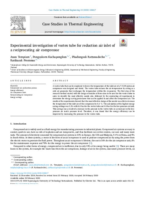 Pdf Experimental Investigation Of Vortex Tube For Reduction Air Inlet Of A Reciprocating Air