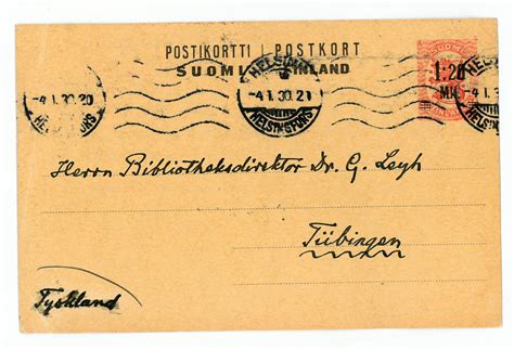 Eigenh Postkarte Mit U By Tikkanen Johan Jakob Kunsthistoriker
