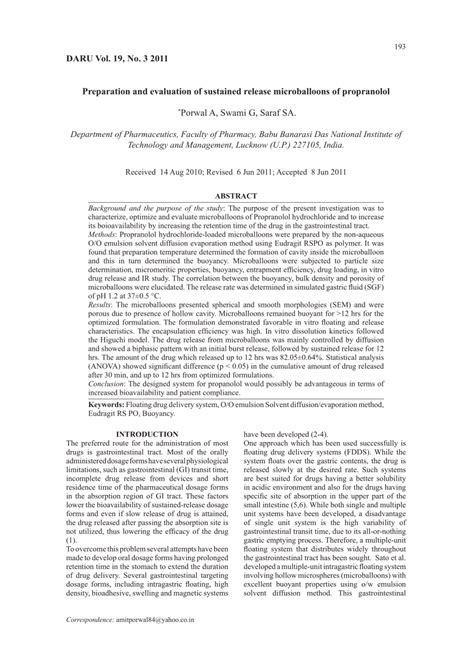 Pdf Preparation And Evaluation Of Sustained Release Microballoons Of Propranolol